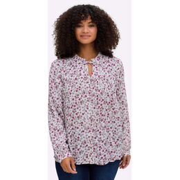 sheego Damen Druckbluse, beige, Gr. 52, bedruckt, gebl&uuml;mt, gemustert, mehrfarbig, 100% Viskose, Blusen