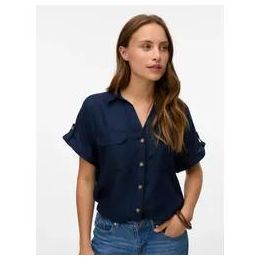 V&eacute;ro Moda Kurzarmbluse VERO MODA "VMBUMPY S/S SHIRT WVN GA NOOS", Damen, Gr. M, navy blazer, Web, Obermaterial: 100% Viskose, unifarben, regular fit normal, V-Ausschnitt, mit Aufschlag, Blusen, Viskose, regular fit