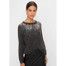 bonprix Damen Strickpullover, grau, Gr. 44, bestickt, unifarben, Feinstrick, Obermaterial: 69% Polyacryl, 27% Polyester, 4% Elasthan, Pullover, mit