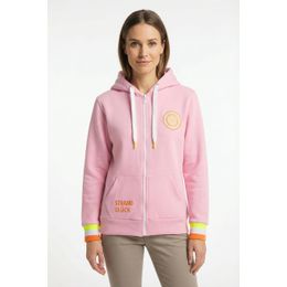 Kapuzensweatjacke Zwillingsherz, Damen, Gr. SM (S/M), pink, Sweatware, Obermaterial: 50% Baumwolle, 50% Polyester, comfort fit h&uuml;ftbedeckend, V-Ausschnitt, Sweatjacken, Regular-Fit, Kapuze, Langarm, Rei&szlig;verschluss, Neon-Details