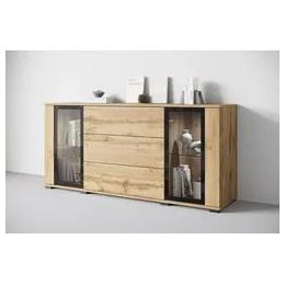 Sideboard Home Affaire "modernes Design mit Glaseins&auml;tzen und 3 Schubladen, Breite 150 cm", braun (eichefarben votan), B:150cm H:70cm T:39,5cm, FSC-zertifizierter Holzwerkstoff, Sideboards, Sideboard, Grifflose Fronten mit Push-to-Open, h&ouml;henverstellbare Einlegeb&ouml;den