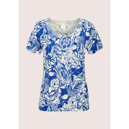 Madeleine Mode MADELEINE Damen Longpullover "Feinstrickpullover Viskoseshirt mit floralem Muster", blau, Modern, Gr. 34, Obermaterial: 71% Viskose CV. 29% Polyamid