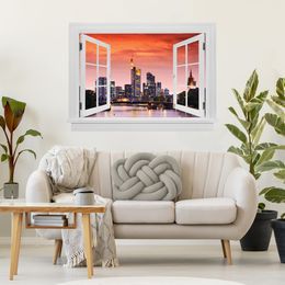 Bilderwelten Wandtattoo Stadt modern 3D-Effekt Wandaufkleber - Offenes Fenster Frankfurt Skyline - Skylines Wohnzimmer Schlafzimmer