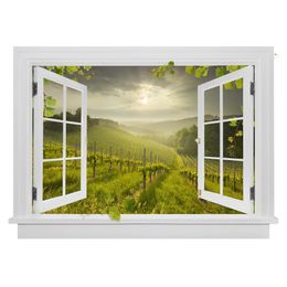 Bilderwelten Wandtattoo Blumen modern 3D-Effekt Wandaufkleber - Offenes Fenster Sonnenstrahlen Weinberg mit Ranken und Trauben - Ranke Wohnzimmer Schlafzimmer