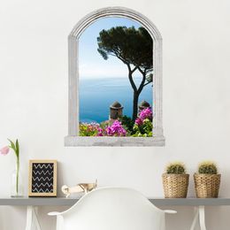 Bilderwelten Wandtattoo Strand modern 3D-Effekt Wandaufkleber - Steinbogen Ausblick vom Garten aufs Meer - Meerblick Wohnzimmer Schlafzimmer