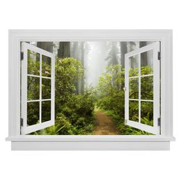 Bilderwelten Wandtattoo Wald modern 3D-Effekt Wandaufkleber - Offenes Fenster Nebliger Waldpfad - B&auml;ume Wohnzimmer Schlafzimmer