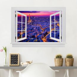 Bilderwelten Wandtattoo Stadt modern 3D-Effekt Wandaufkleber - Offenes Fenster Paris bei Nacht - Skylines Wohnzimmer Schlafzimmer