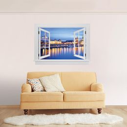 Bilderwelten Wandtattoo Stadt modern 3D-Effekt Wandaufkleber - Offenes Fenster Canaletto-Blick bei Nacht - Skylines Wohnzimmer Schlafzimmer