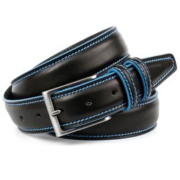 Anthoni Crown Herren Lederg&uuml;rtel, schwarz, Gr. 85, unifarben mit Farbeinsatz, Leder, G&uuml;rtel, mit Kontrast Stitching in blau