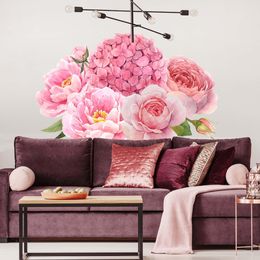 Bilderwelten Wandtattoo Blumen Illustration Aquarell rosa - Aquarell Hortensie Rose Bouquet XXL - Rose Wohnzimmer Schlafzimmer