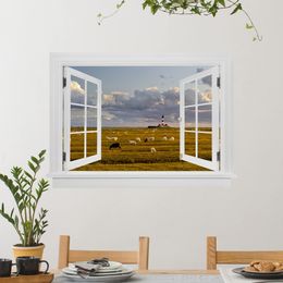 Bilderwelten Wandtattoo Strand modern 3D-Effekt Wandaufkleber - Offenes Fenster Nordsee Leuchtturm mit Schafsherde - Leuchtturm Wohnzimmer Schlafzimmer