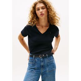 Tommy Hilfiger Damen T-Shirt "CODY V-NECK SHORT SLEEVE", blau, Gr. XXXL, unifarben, Jersey, Obermaterial: 100% Baumwolle, Shirts, mit V-Ausschnitt,