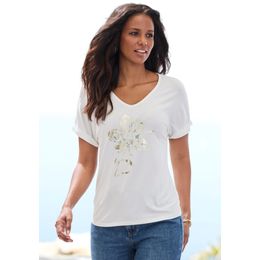 Kurzarmshirt Lascana "mit schimmerndem Print", Damen, Gr. 36/38, creme, Single Jersey, Obermaterial: 95% Viskose, 5% Elasthan, bedruckt, figurumspielend normal, V-Ausschnitt, angeschnitten Umschlagsaum, Shirts, aus weichem Viskose-Stretch