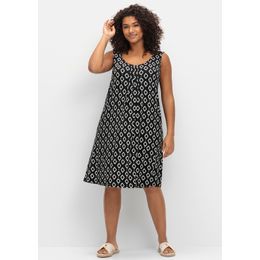Sommerkleid sheego "Strandkleid", Damen, Gr. 46, Normalgr&ouml;&szlig;en, schwarz (schwarz bedruckt), 95% Viskose, 5% Elasthan, gemustert, knielang, Rundhals, Kleider Sommerkleid