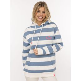 Hoodie Zwillingsherz "Streifen Smile Everyday", Damen, Gr. L/XL, jeans, Sweatware, Obermaterial: 50% Baumwolle, 50% Polyester, Sweatshirts Hoodie, Blockstreifen, pinke Stickerei, K&auml;ngurutasche, Kapuze