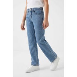 Straight-Jeans name it "NKFROSE STRAIGHT JEANS 3366-BE NOOS", M&auml;dchen, Gr. 164, N-Gr, blau (denim blau), Denim/Jeans, Obermaterial: 100% Baumwolle, bedruckt, leichte Abriebeffekte, straight fit kn&ouml;chellang, Jeans Straight-Jeans