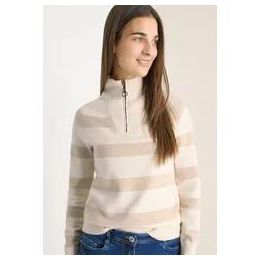 Troyer Cecil, Damen, Gr. L (42), desert beige melange, Strick, Obermaterial: 37% Baumwolle, 34% Polyacryl, 26% Polyester, 3% Elasthan, gestreift, bequem normal, ohne Ausschnitt, Pullover Troyer, gestreift, bequem, mit Zipper am Kragen