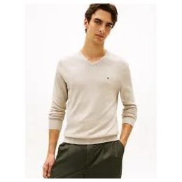 Strickpullover Tommy Hilfiger "ESSENTIAL COTTON V NECK mit V-Ausschnitt und Stickerei", Herren, Gr. S, sandalwood heather, Strick, Obermaterial: 100% Baumwolle, V-Ausschnitt, Rippb&uuml;ndchen, Pullover Strickpullover, unifarben, casual, regular fit, Baumwolle, V-Ausschnitt