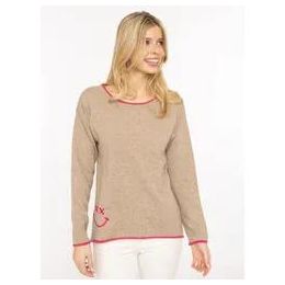 Rundhalspullover Zwillingsherz "Happy Face", Damen, Gr. M, beige, Strick, Obermaterial: 40% Wolle, 30% Viskose, 25% Polyamid, 5% Kaschmir, mehrfarbig, h&uuml;ftbedeckend, Rundhals, Rollkante, Pullover Rundhalspullover, Stickerei, aufgerollte kontrastfarbige B&uuml;ndchen