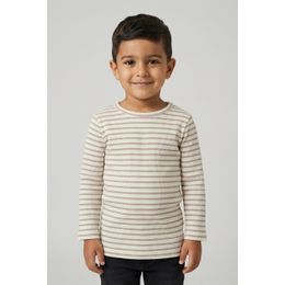 Langarmshirt name it "NMNBANI LS XSL TOP NOOS", M&auml;dchen, Gr. 104, beige (pure cashmere), Jersey, Obermaterial: 57% Baumwolle, 38% Modal, 5% Elasthan, geringelt, gestreift, slim fit h&uuml;ftbedeckend, Rundhals, abgesteppte Kante, Shirts Langarmshirt, Ringel-Look in toller Rippen-Qualit&auml;t