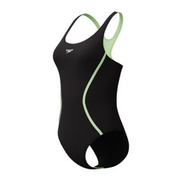 Badeanzug Speedo "SOLID SPLICE MEDALIST 1PC BLU/DKBLU", Damen, Gr. 40, N-Gr, schwarz (blk, ltgrn), Obermaterial: 100% Polyester, Badeanz&uuml;ge Badeanzug
