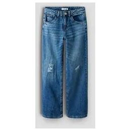 5-Pocket-Jeans name it "NKFROSE f&uuml;r M&auml;dchen mit Destroyed-Effekt und hohem Bund", M&auml;dchen, Gr. 122, N-Gr, dunkelblau denim, Denim/Jeans, Obermaterial: 79% Baumwolle, 21% Polyester, Destroyed-Effekte, normal kn&ouml;chellang, Jeans 5-Pocket-Jeans, normal, Denim, Abriebeffekte, Rei&szlig;verschluss