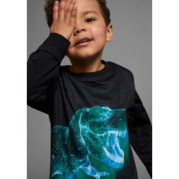 Langarmshirt Kidsworld "GREEN DINO", Jungen, Gr. 140/146, schwarz, Jersey, Obermaterial: 100% Baumwolle. Obermaterial Vorderteil: 100% Polyester, bedruckt, Basic, Rundhals, Shirts Langarmshirt, lang&auml;rmlig, mit trendigem Druck, Rundhalsausschnitt, aus Baumwolle