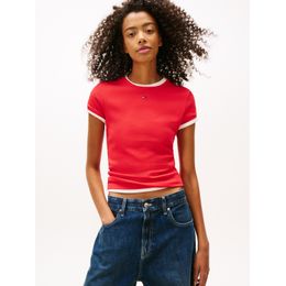 Tommy Jeans Damen Kurzarmshirt "TJW ESSENTIAL RIB SHORT SLEEVE EXT", rot, Gr. XXXL, gestreift, Single Jersey, Obermaterial: 95% Baumwolle, 5%