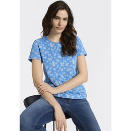 Kurzarmshirt Ragwear "MINTTA FLOWER O", Damen, Gr. M, blau, Jersey, Obermaterial: 50% Baumwolle, 50% Polyester, bedruckt, normal, Rundhals, Shirts, mit sommerlichem Print