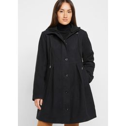 bonprix Damen Wintermantel "Mantel mit Kapuze und Bundfalten, A-Linie", schwarz, Gr. 54, unifarben, Web, Obermaterial: 88% Polyester, 10% Viskose, 2%