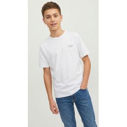 Jack & Jones T-Shirt JACK & JONES JUNIOR "JJCOLLEGE LOGO TEE SS CN 2PK MP JNR", Jungen, Gr. 128, mineral blau pack:mineral blau, hellwei&szlig;, Single Jersey, Obermaterial: 100% Baumwolle, bedruckt, normal normal, Rundhals, Shirts T-Shirt