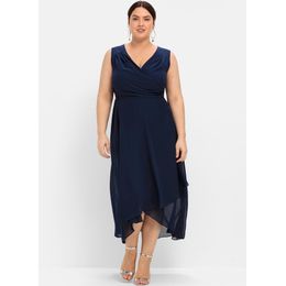 Abendkleid sheego "Abendkleid", Damen, Gr. 48, Normalgr&ouml;&szlig;en, blau (marine), Chiffon, 100% Polyester, unifarben, lang, V-Ausschnitt, Kleider Abendkleid
