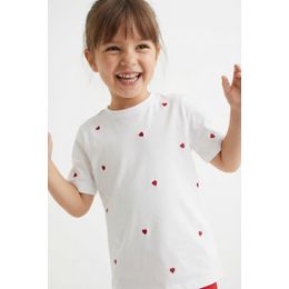 T-Shirt KIDS Only "KOGKETTY LIFE S/S O-NECK TOP JRS NOOS", M&auml;dchen, Gr. 110/116, hellwei&szlig; aop:hearts, barbados cherry, Jersey, Obermaterial: 100% Baumwolle, bedruckt, Basic normal, Rundhals, Shirts T-Shirt