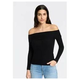 Carmenpullover BOSS ORANGE "Falmon Premium Damenmode", Damen, Gr. L (40), schwarz 001, Feinstrick, Obermaterial: 60% Schurwolle, 40% Polyamid, unifarben, figurbetont h&uuml;ftlang, Carmenausschnitt, eng, Pullover Carmenpullover, schulterfrei mit umgeschlagenem Ausschnitt