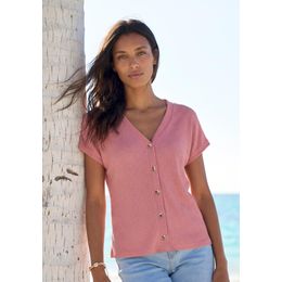 Lascana Damen Kurzarmshirt "mit Zierknopfleiste", lila, Gr. 40, unifarben, Piqu&eacute;, Obermaterial: 69% Polyester (REPREVE), 28% Viskose, 3% Elasthan,