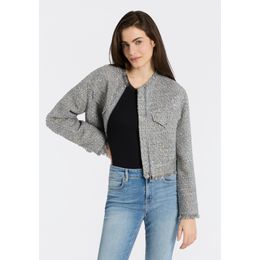Kurzblazer BOSS Orange "Jawelli Premium Damenmode", Damen, Gr. 40, open miscellaneous 974, Tweed, Obermaterial: 60% Polyacryl, 24% Polyester, 13% Baumwolle, 3% sonstige Fasern, mehrfarbig, taillenbedeckt, Rundhals, leicht ausgefranste Kante, Blazer Kurzblazer, mit Fransen-Details