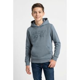 Jack & Jones Kapuzensweatshirt JACK & JONES JUNIOR "JJECORP mit Druck, K&auml;ngurutasche, pflegeleicht", Jungen, Gr. 140, blau mirage print:big tonal, angeraute Sweatware, Obermaterial: 70% Baumwolle, 30% Polyester, bedruckt, regular fit normal, Rundhals, Rippb&uuml;ndchen, Sweatshirts, Baumwollmischung, regular fit