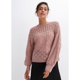 bonprix Damen Ajourpullover "Ajour-Pullover", rosa, Gr. 32, unifarben, Strick, Obermaterial: 100% Polyacryl, Pullover, l&auml;ssige Passform, Ballon&auml;rmel,