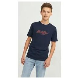 Jack & Jones T-Shirt JACK & JONES JUNIOR "JORCATSKILLS TEE SS CN FST JNR", Jungen, Gr. 128, sky captain, Single Jersey, Obermaterial: 100% Baumwolle, bedruckt, regular fit normal, Rundhals, Shirts T-Shirt