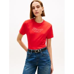 Kurzarmshirt Tommy Hilfiger "TILT GRAPHIC REG C-NK SS TEE", Damen, Gr. M (40), fireworks, Single Jersey, Obermaterial: 100% Baumwolle, bedruckt, unifarben, normal, Rundhals, Shirts, mit gro&szlig;em Logo-Print