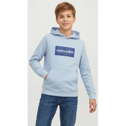 Jack & Jones Kapuzensweatshirt JACK & JONES JUNIOR "JJCOLE PRINT SWEAT HOOD JNR", Jungen, Gr. 152, blau (celestial blau), angeraute Sweatware, Obermaterial: 60% Baumwolle, 40% Polyester, bedruckt, unifarben mit Farbeinsatz, regular fit normal, Rippb&uuml;ndchen, Sweatshirts, mit Logoprint