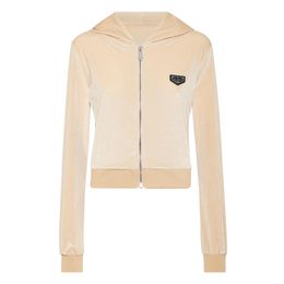 Kapuzensweatjacke Philipp Plein "Skull Mit Schmucksteinen", Damen, Gr. L, 06, beige, Obermaterial: 100% Glasfaser, 95% Polyester, 5% Elasthan, Sweatjacken