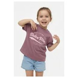 T-Shirt KIDS Only "KOGVILLA LIFE S/S BOXY PRINTED TOP JRS", M&auml;dchen, Gr. 134/140, rose braun print:colce vita, Jersey, Obermaterial: 100% Baumwolle, unifarben, bequem taillenbedeckt, Rundhals, Shirts T-Shirt, in dezenter Boxy-Form