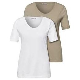 T-Shirt Street One, Damen, Gr. 34, wei&szlig;, timeless beige, Web, 50% Baumwolle, 50% Modal, unifarben, normal normal, V-Ausschnitt, abgesteppt, Shirts T-Shirt, mit abgerundetem V-Ausschnitt