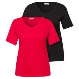 T-Shirt Street One, Damen, Gr. 34, schwarz, salsa rot, Web, 50% Baumwolle, 50% Modal, unifarben, normal normal, V-Ausschnitt, abgesteppt, Shirts T-Shirt, mit abgerundetem V-Ausschnitt