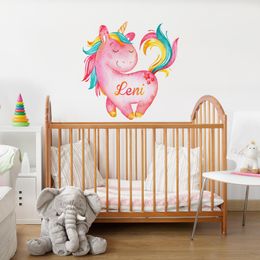 Bilderwelten Wandtattoo Tiere modern selbstklebend Wandaufkleber - Einhorn mit Kindername Wunschtext Rosa - Einhorn Kinderzimmer Baby M&auml;dchen Jungen