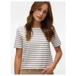 V&eacute;ro Moda Rundhalsshirt VERO MODA "VMABBY SS ZIP TOP JRS NOOS", Damen, Gr. XS, snow wei&szlig; stripes:moon rock, Jersey, Obermaterial: 77% Polyester, 19% Viskose, 4% Elasthan, gestreift, normal, Rundhals, Shirts Rundhalsshirt, Materialmix, regular fit
