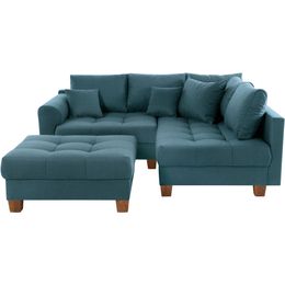 Ecksofa Home Affaire "Rice L-Form, B: 216 cm", blau, B:216cm H:42cm T:185cm, 100%Polyester, Sofas, Ecksofa, Set: Sofa & Hocker, mit 3 Zierkissen, Federkern