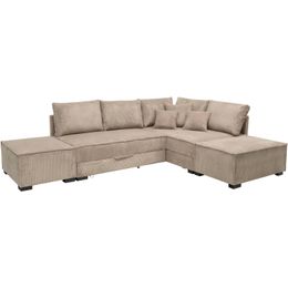 Ecksofa Home Affaire "Night & Day L-Form, Breite 316 cm mit Dauer-Schlaffunktion", taupe, B:316cm T:215cm, 100% Polyester, Sofas, Ecksofa, inkl. Bettfunktion, Bettkasten und Keder, Boxspringbett 180x200 cm