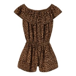 Kurzoverall name it "NKFVINAYA PLAYSUIT FFF", M&auml;dchen, Gr. 128, N-Gr, schwarz aop:leopard, Web, Obermaterial: 98% Polyester, 2% Elasthan, bedruckt, regular fit kurz, Carmenausschnitt, Overalls Kurzoverall, Kunstfaser, elastischer Bund, Allover-Druck